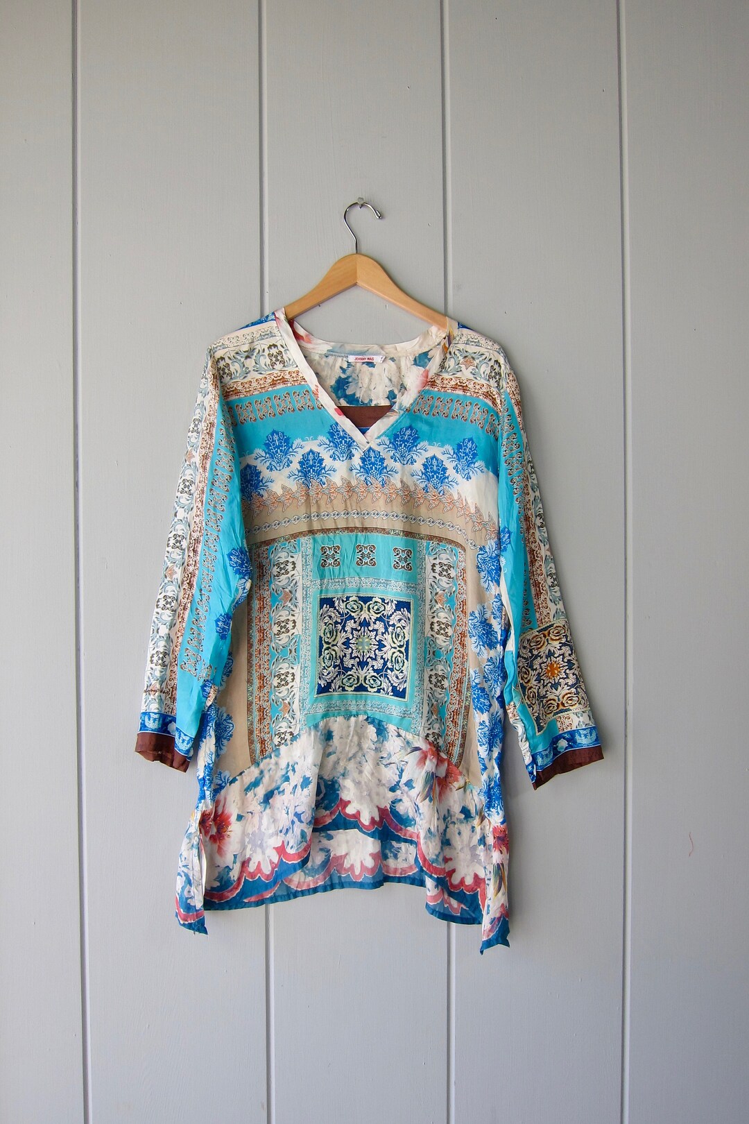Johnny Was Silk Tunic Colorful Printed Patchwork Silk Blouse Resort ...