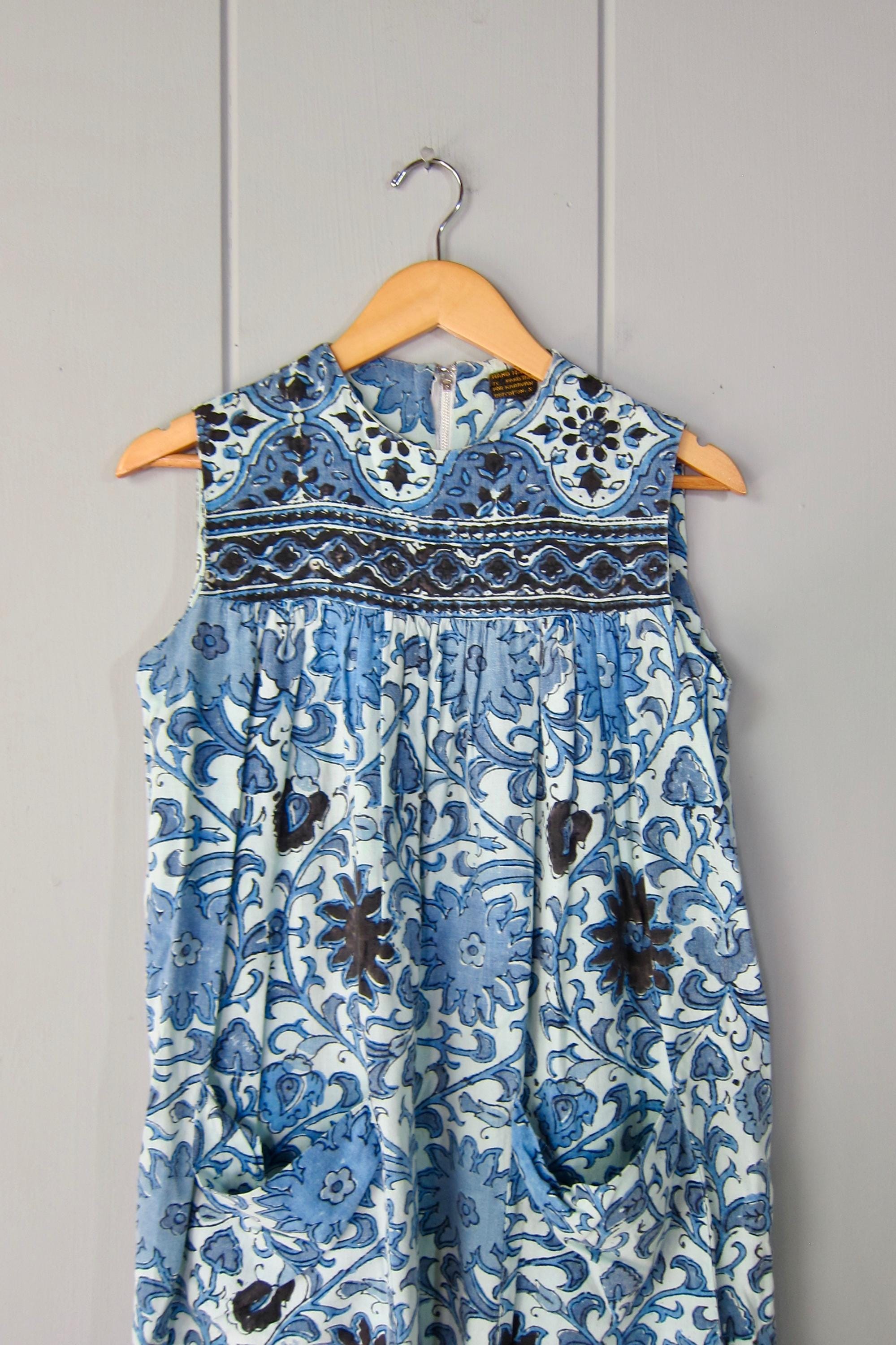 Vintage 70s Karavan Mini Dress: Blue Floral Block Print Cotton Sundress ...