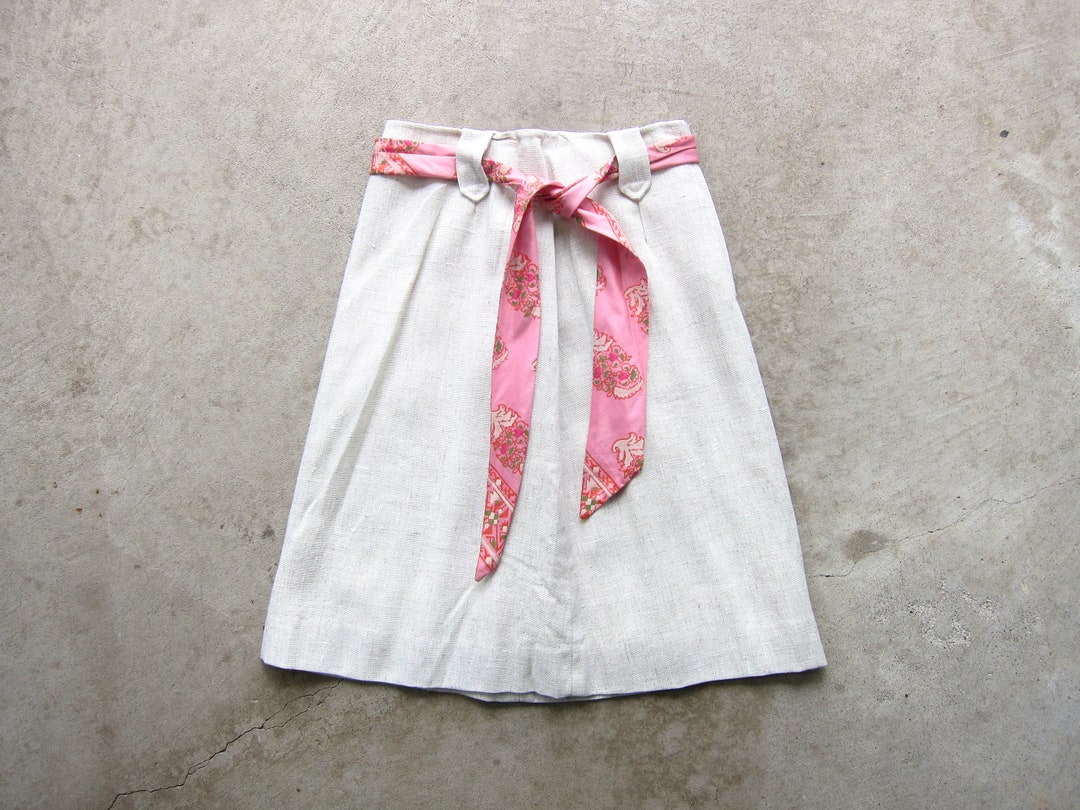 60s Woven Rayon & Flax Mini Skirt | Vintage Pink Sash Tie Skirt | Bill ...