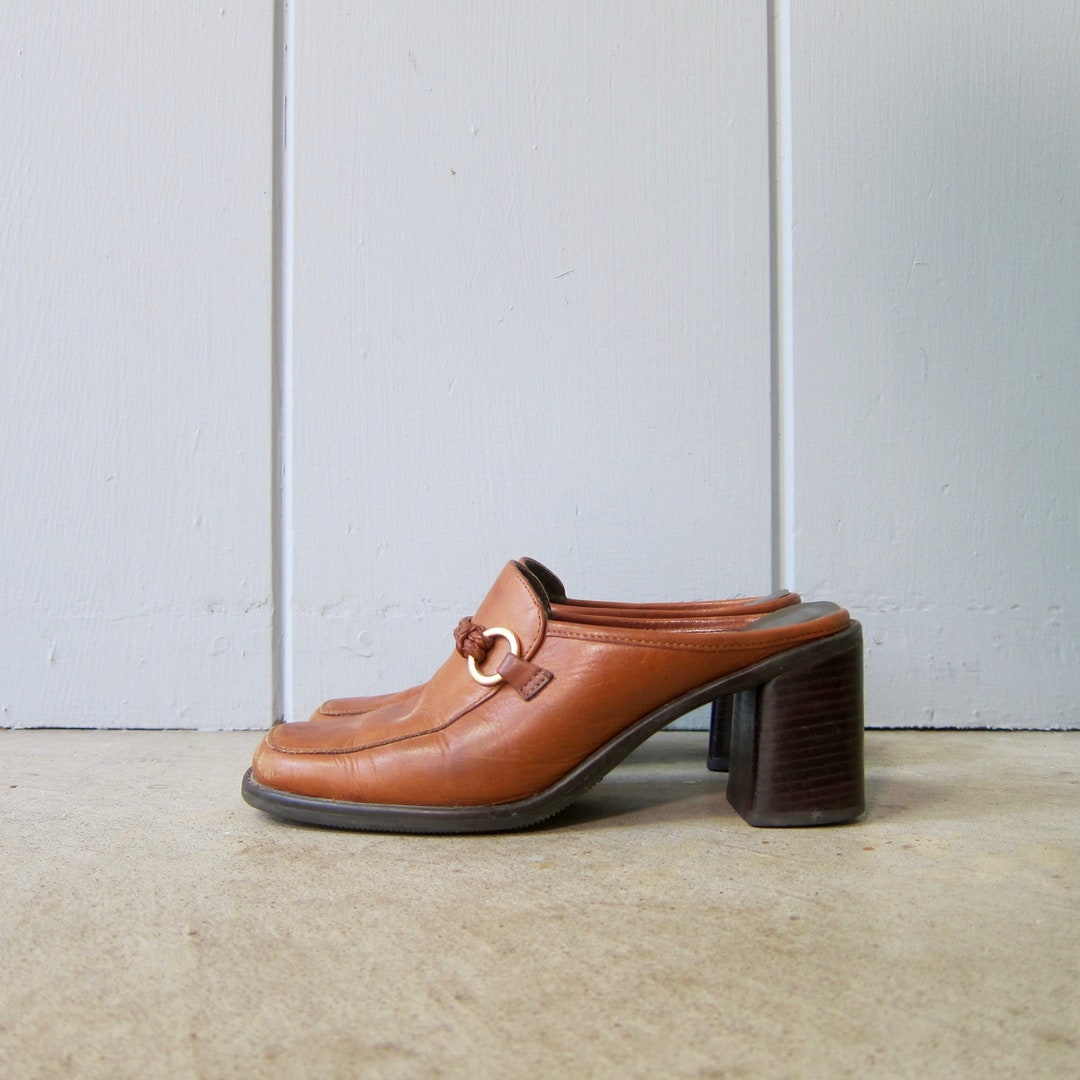 90s Brown Leather Mules | Modern Brown Leather Slip on Sandals | Chunky ...