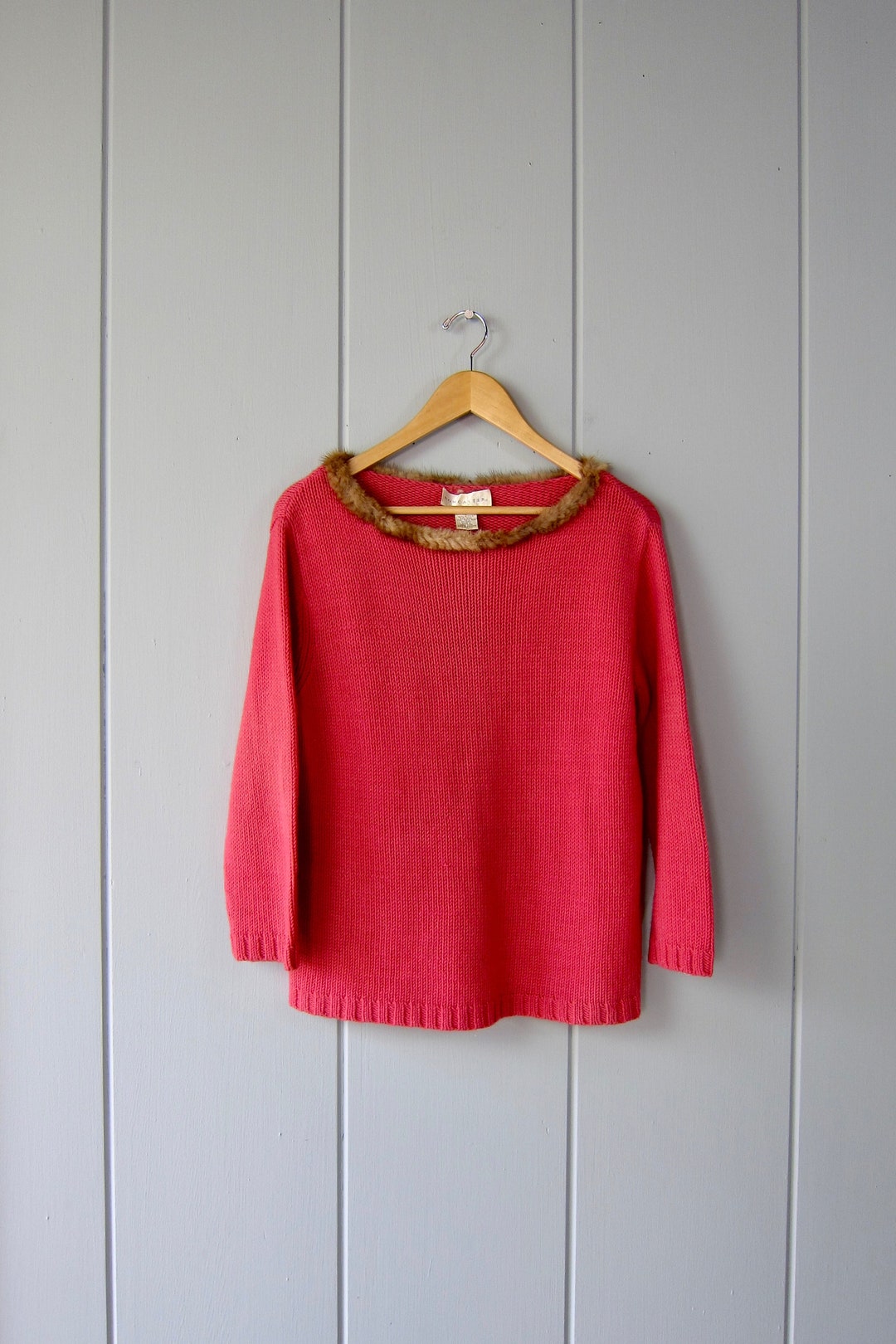 Pink Wool Blend Sweater With MINK Collar 90s Soft Knit Sweater With ...
