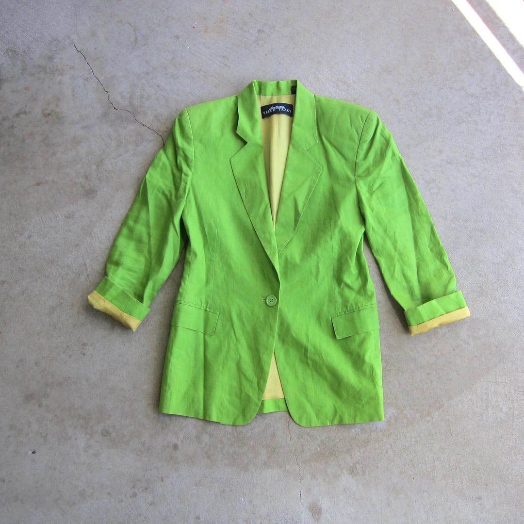90s Lime Green Linen Blazer – Vintage Boxy Linen Jacket – Lightweight ...