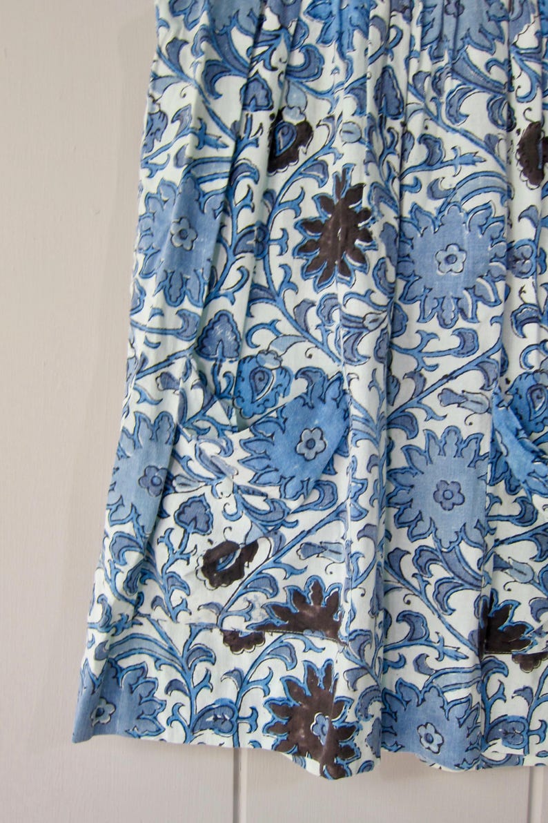 Vintage 70s Karavan Mini Dress: Blue Floral Block Print Cotton Sundress ...