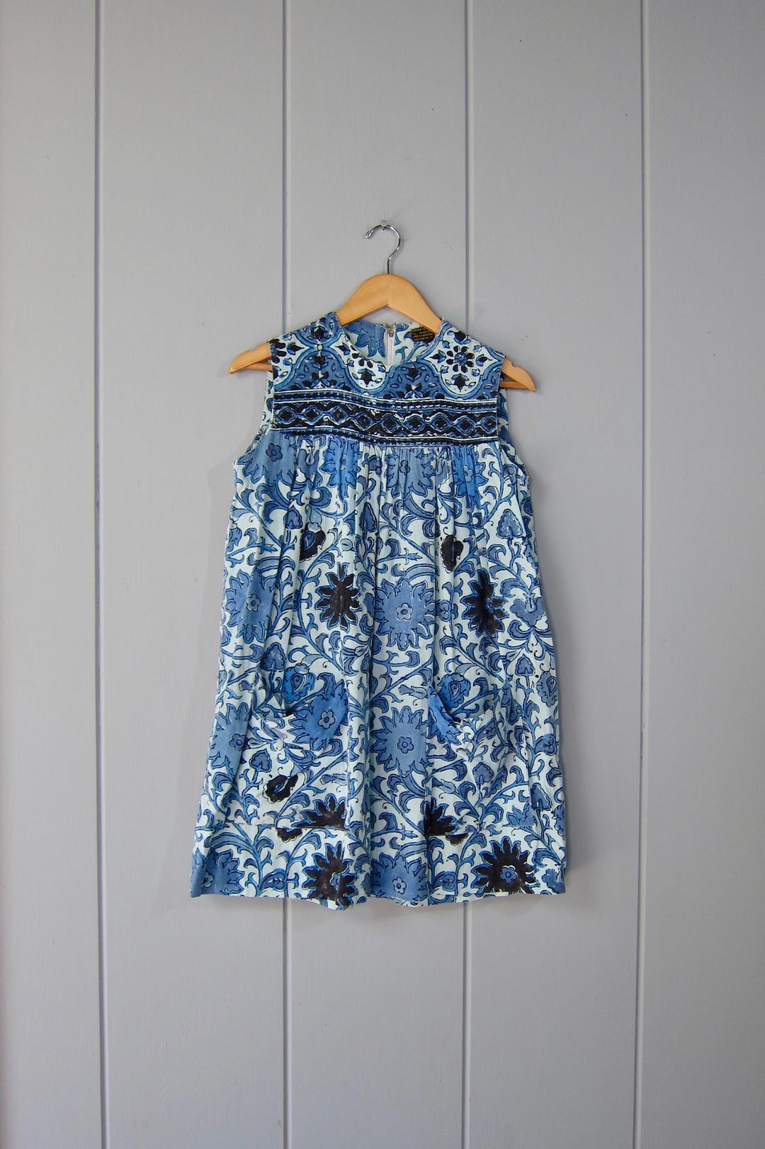 Vintage 70s Karavan Mini Dress: Blue Floral Block Print Cotton Sundress ...