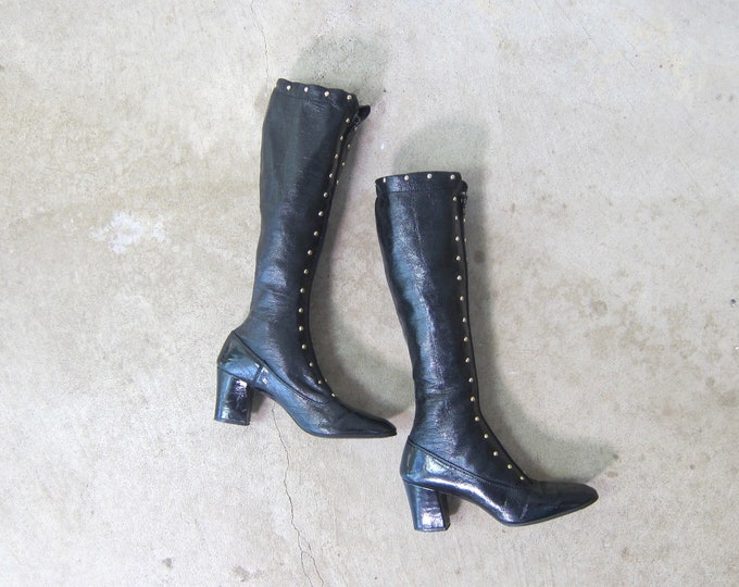 60s Tall Black GO GO Boots | Vintage Stretch Vinyl Spanish Boots | Pull ...