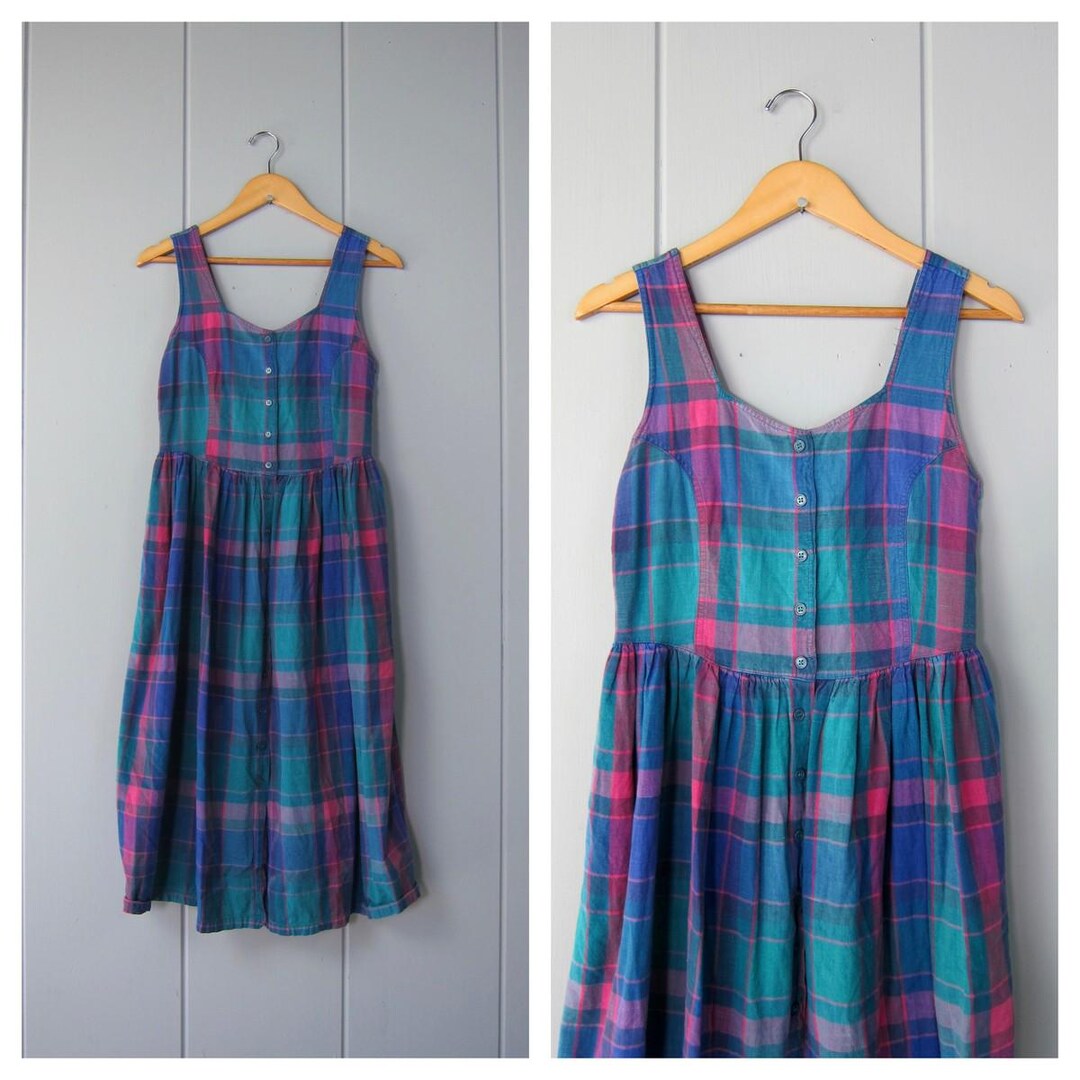 80s Colorful Plaid Sun Dress Vintage Pink Green Blue Purple Midi Sun ...