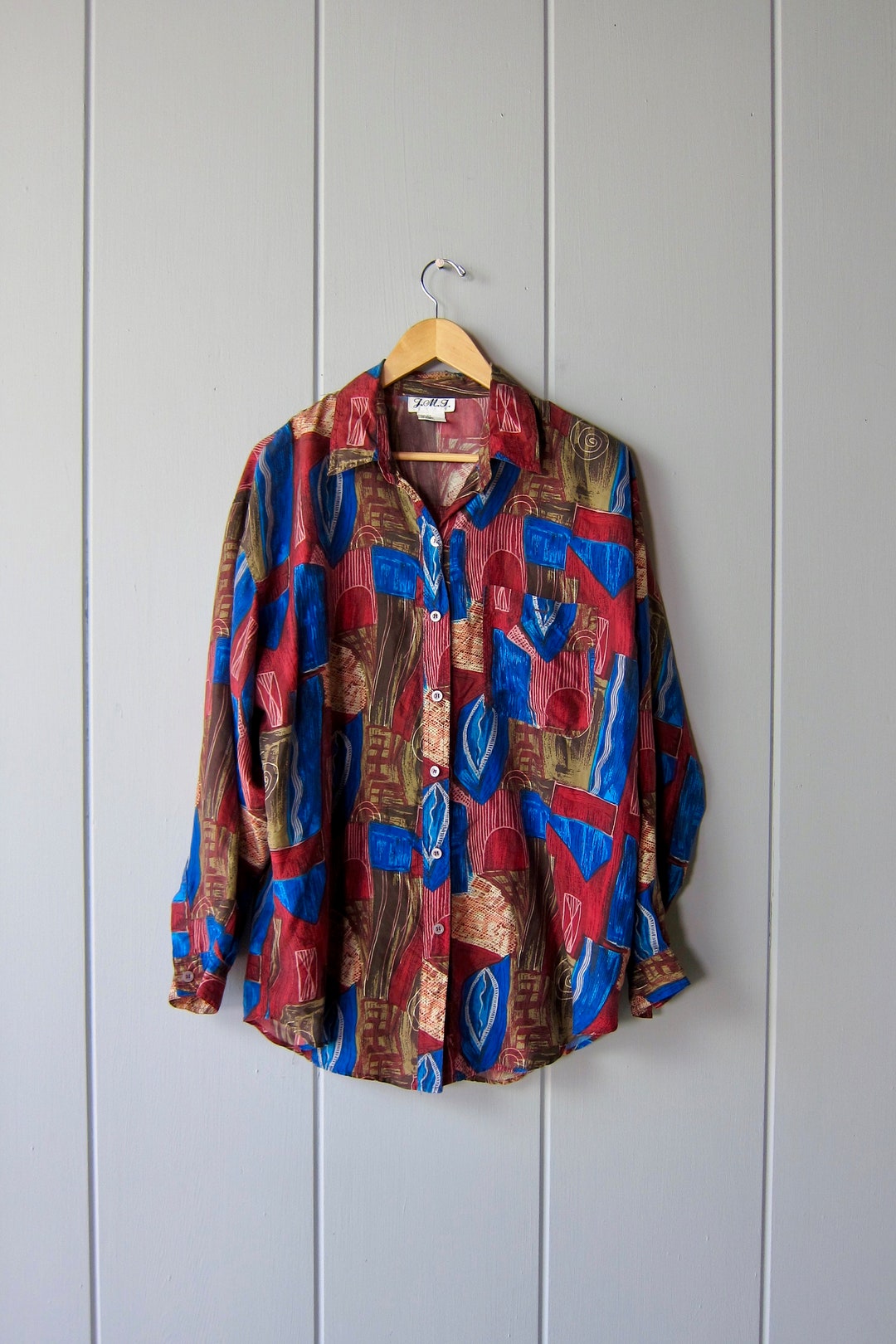 Abstract Print Silk Blouse 90s Button up Silk Blouse Oversized Blue Red ...