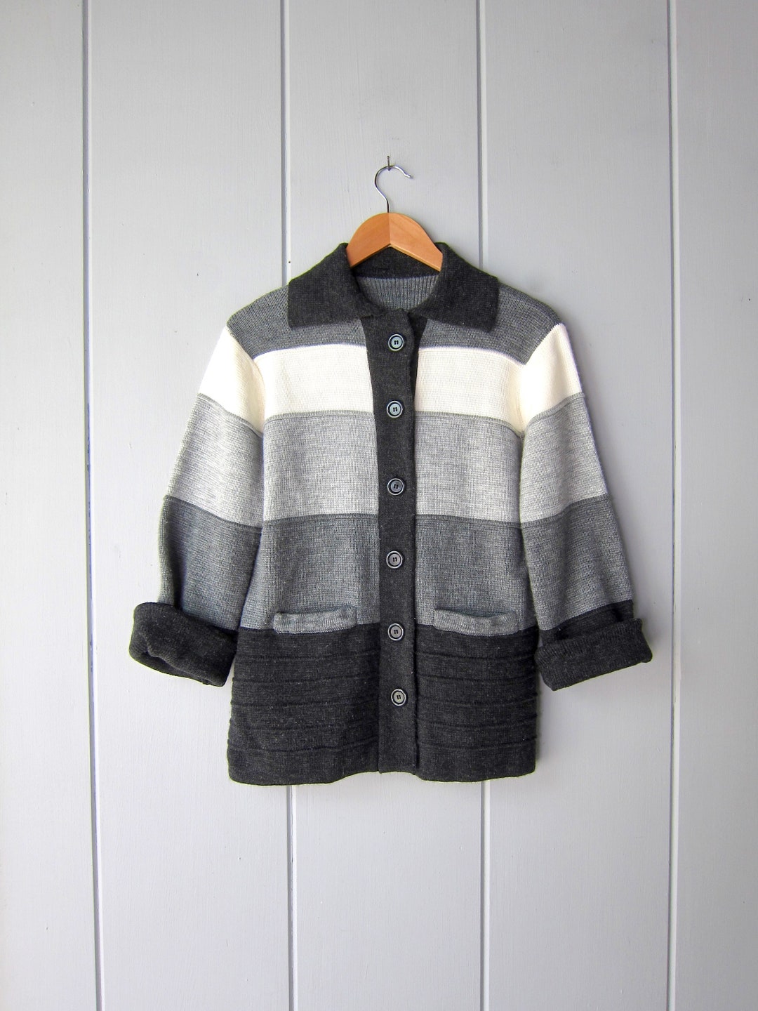 70s Striped Ombre Grey White Button up Sweater Long Sleeve Knit Pocket ...