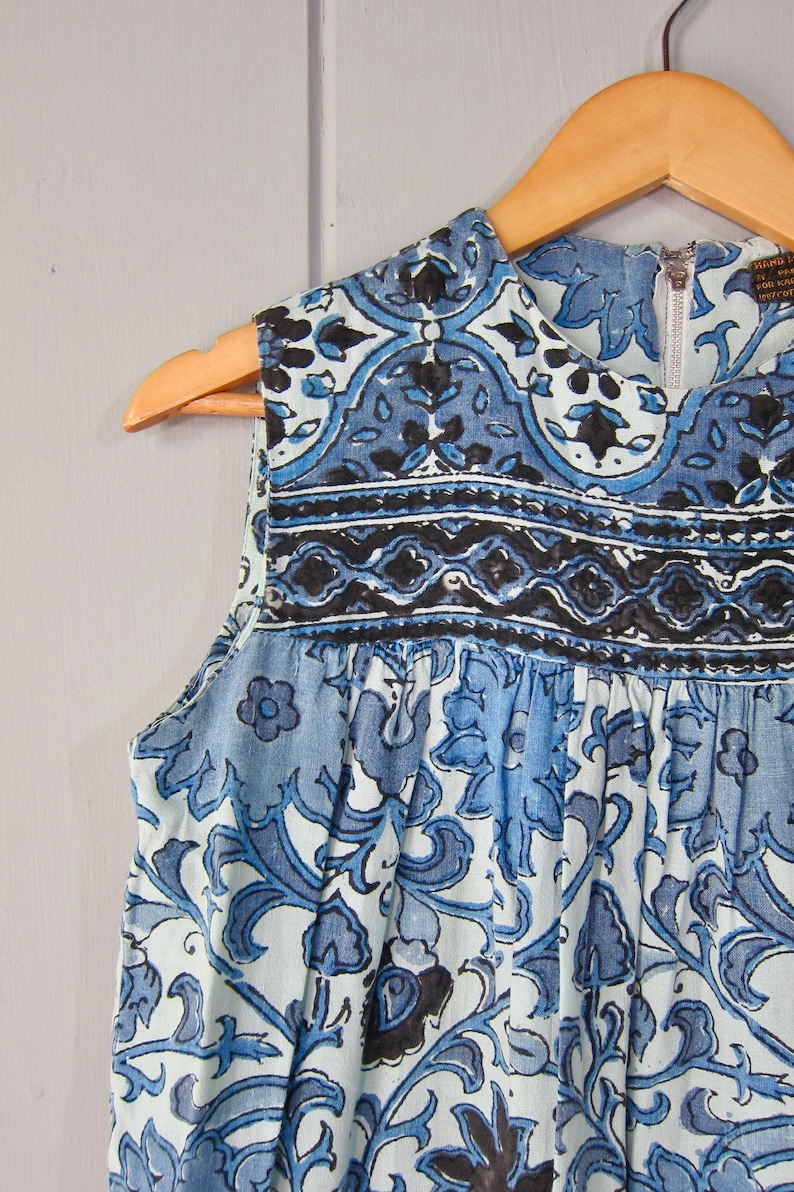 Vintage 70s Karavan Mini Dress: Blue Floral Block Print Cotton Sundress ...