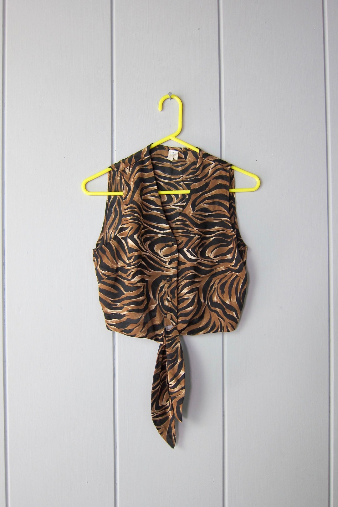 80s Animal Print Tank Tie Front Sheer Tank Top Black Brown Tiger Print ...