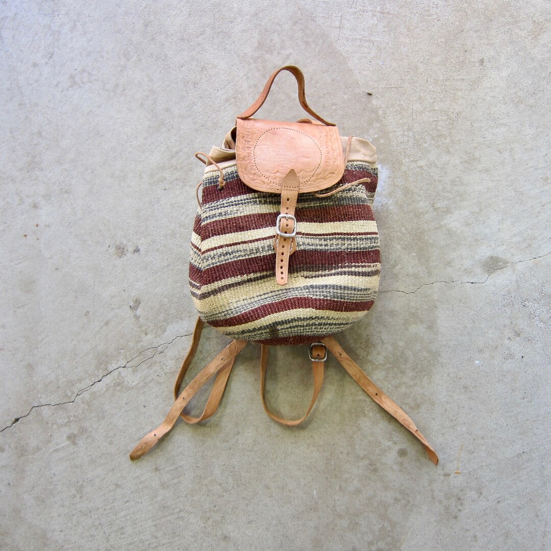 70s Natural Jute Backpack Bag | Leather Flap & Straps Woven Sisal ...