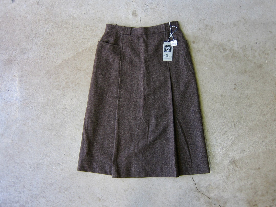 70s Front Box Pleat Wool Tweed Skirt High Waist Anne Klein Aline Pocket Skirt Vintage Pleated