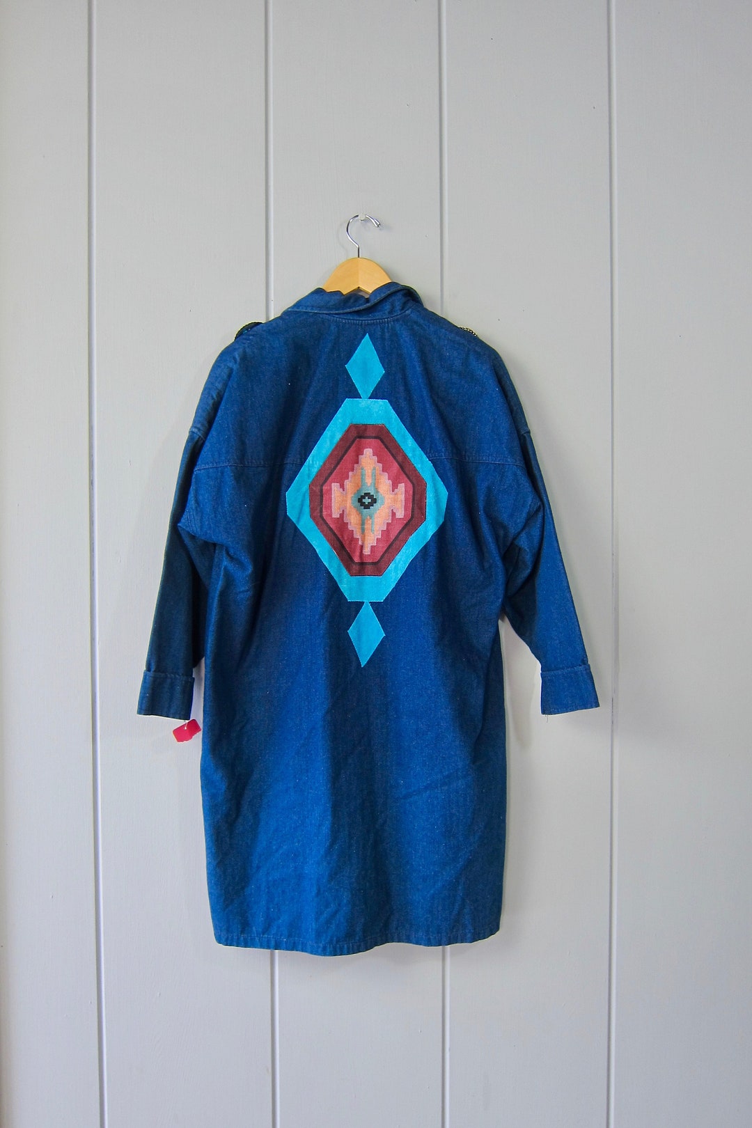 80s Vintage Denim Duster Jacket: Patchwork Leather Tassels, Boho Aztec ...