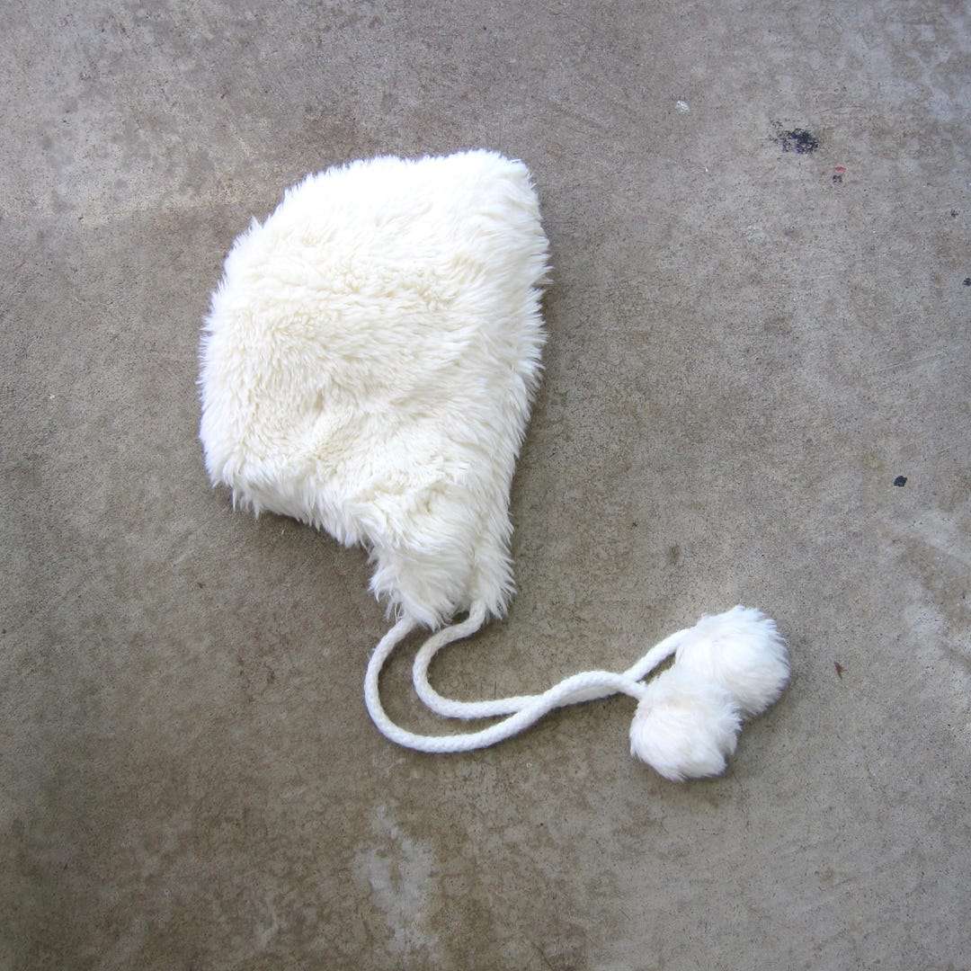 70s White Faux Fur Bonet Hat Winter Tie up Pom Pom Snow Bunny Hat - Etsy