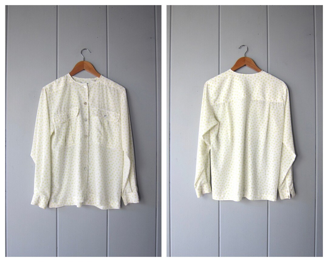 White And Lime Green Polka Dot Blouse 90s Button Up Pocket Blouse Long Sleeve Secretary Office Mod