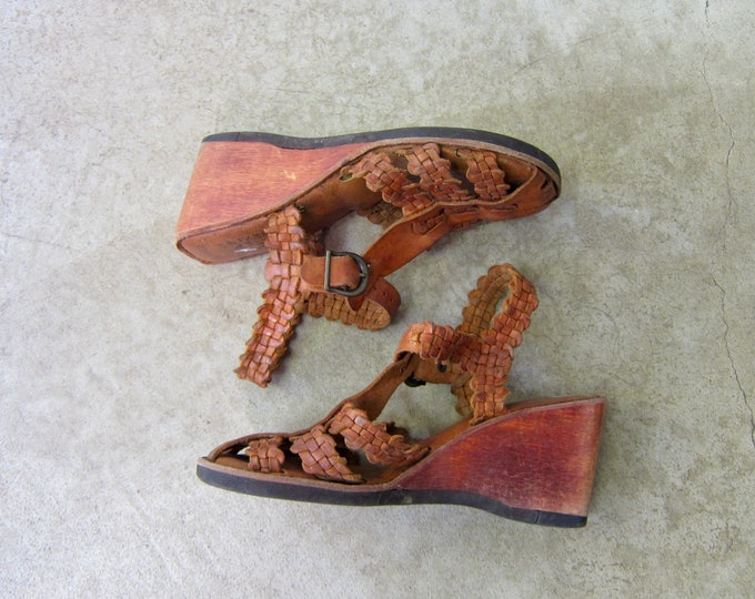70s Brown Leather Sandals | Vintage Wooden Wedges | 1970s Braided ...