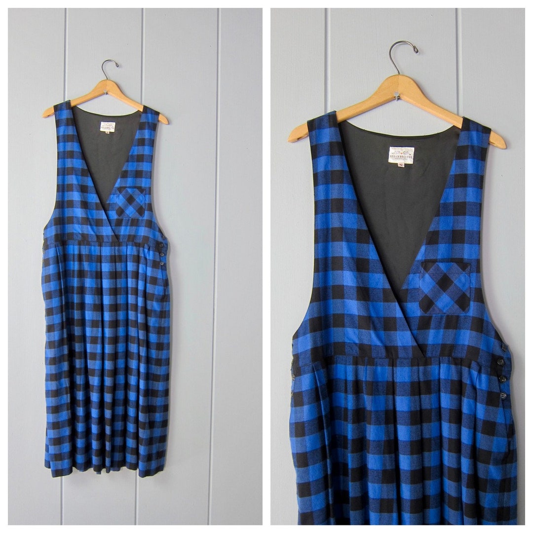Checkered Pinafore Dress Dark Blue & Black Check Flannel Dress Vintage ...