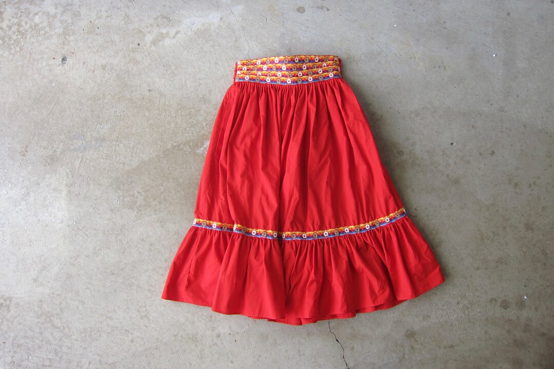 Red Floral Mexican Fiesta Skirt Audrey Coleman 80s High Waist Full ...