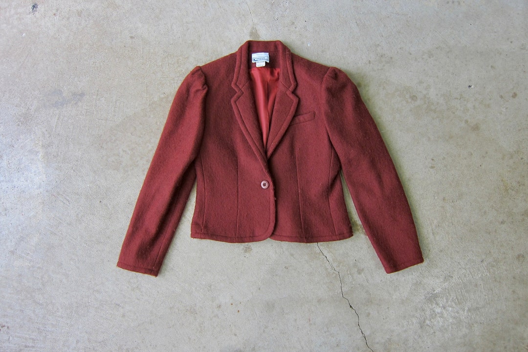 70s Brown Red Wool Blazer | Vintage Cropped Preppy Fall Jacket | Button ...