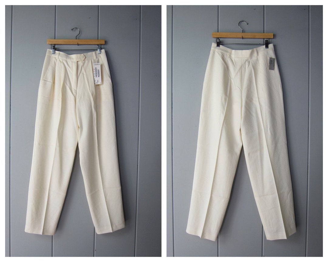 90s ESCADA Natural White Wool Trousers | Vintage Pleated High Waist ...