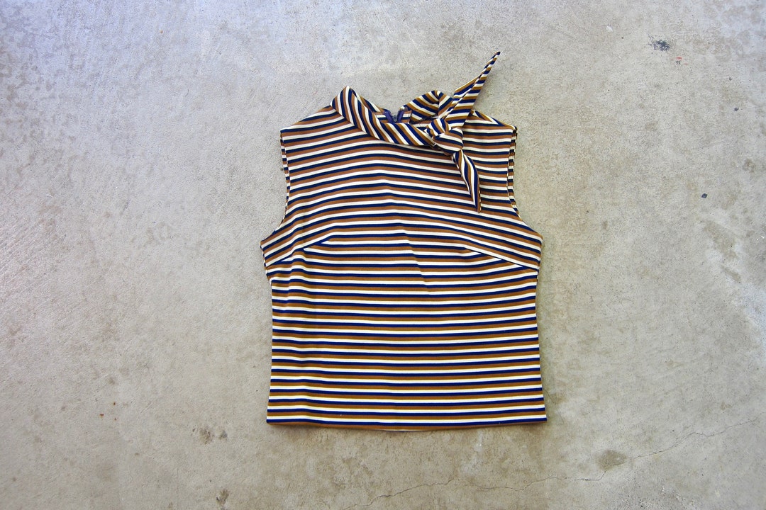 60s Striped Mod Tank Top | Brown White Navy Stripe Tie Collar Tank ...