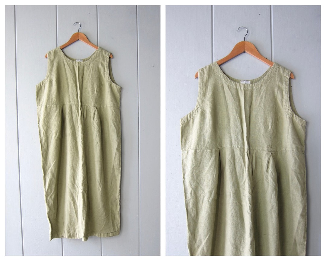 90s Sage Green Linen Sun Dress | Modern Linen Market Dress | Oversized ...