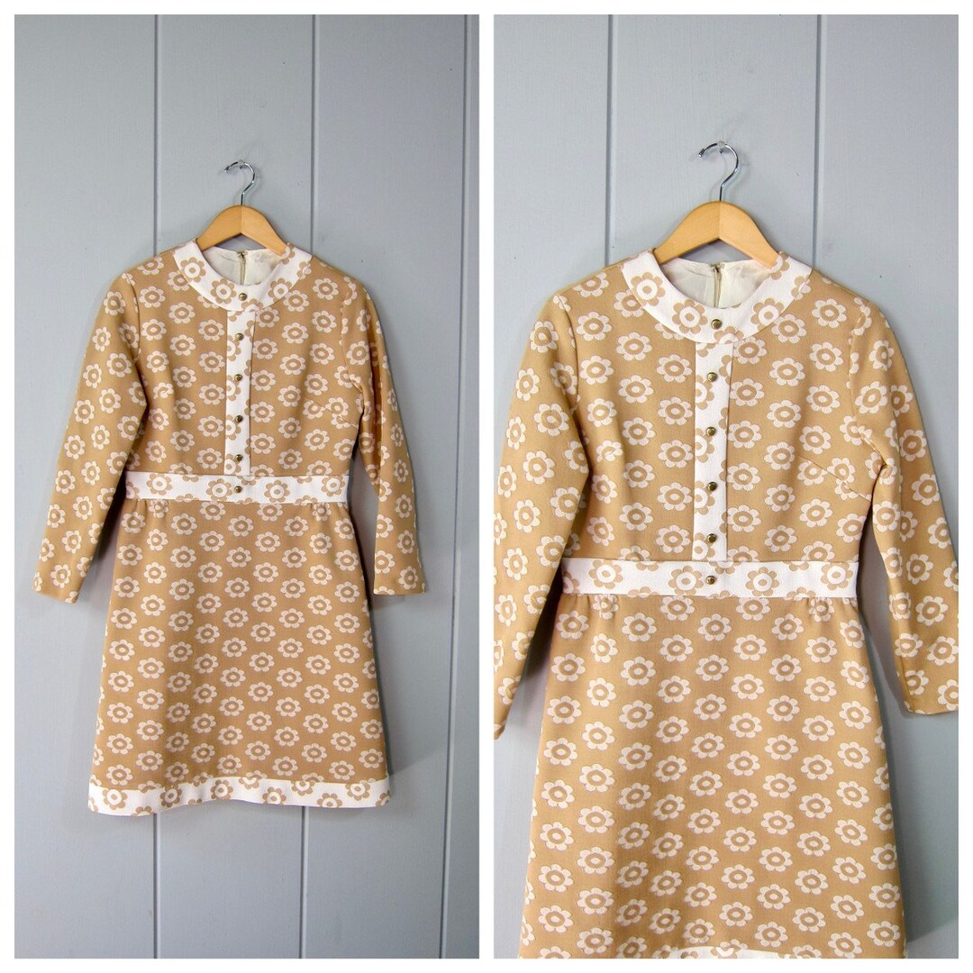 70s Flower Print GO GO Dress | Long Sleeve Floral Printed Polyester ...