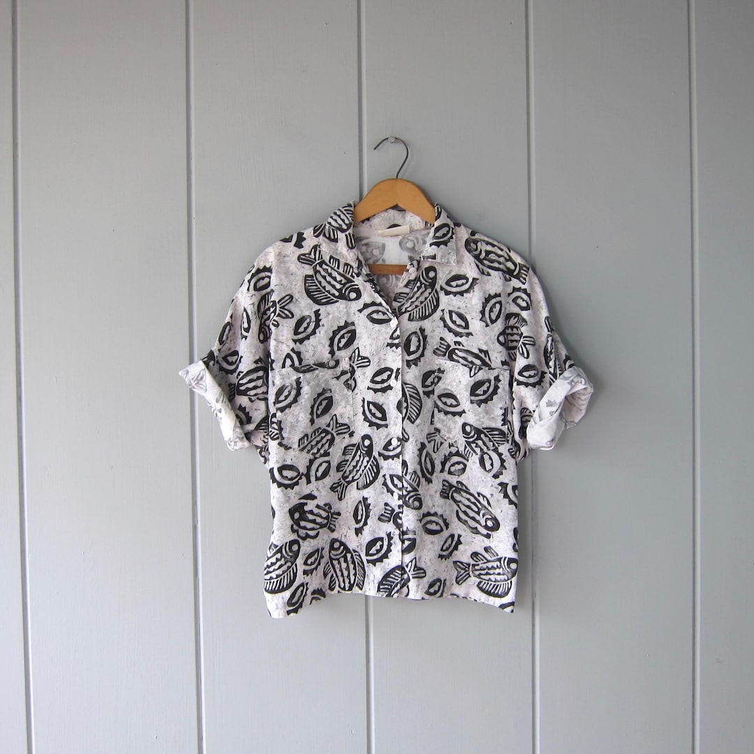 80s Fish Print Button-down Shirt: Retro Tropical Tee - Etsy