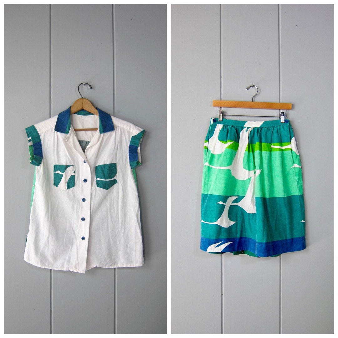 Vintage 70s Matching Two Piece Outfit Green Ombre Abstract BIRD Top ...