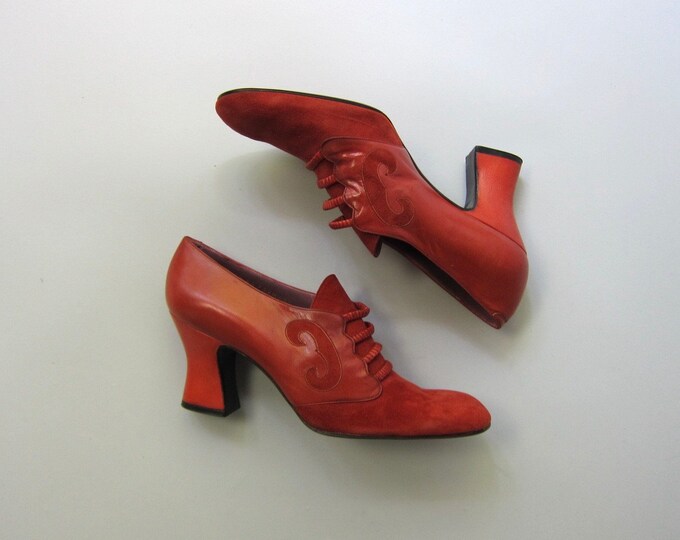 Vintage 1960s Brick Red Suede & Leather Pumps | Dark Coral Red Orange ...