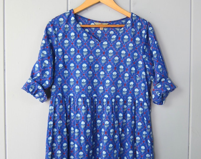 Vintage Block Print Indian Boho Ethnic Hippie Dress Purple Blue Printed ...