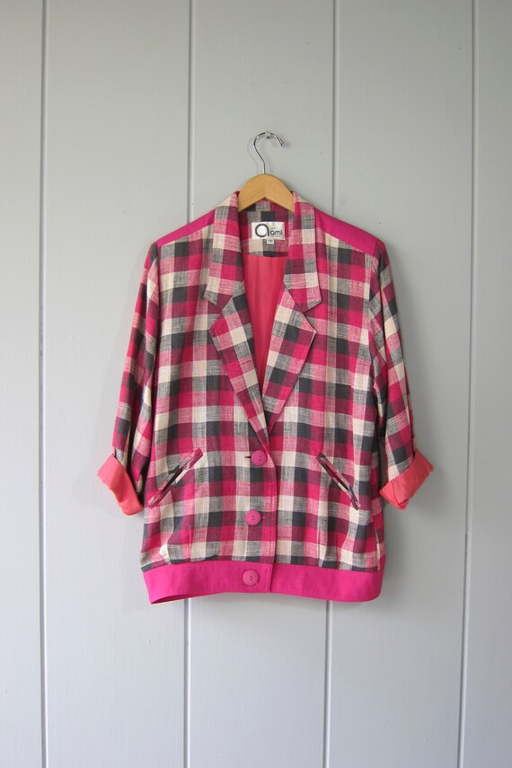 80s Checkered Linen Blazer | Vintage Pink White Gray … - Gem