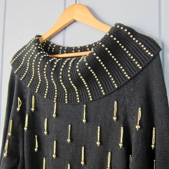 Vintage Beaded Black Turtleneck Sweater 80s Bedazzled… - Gem