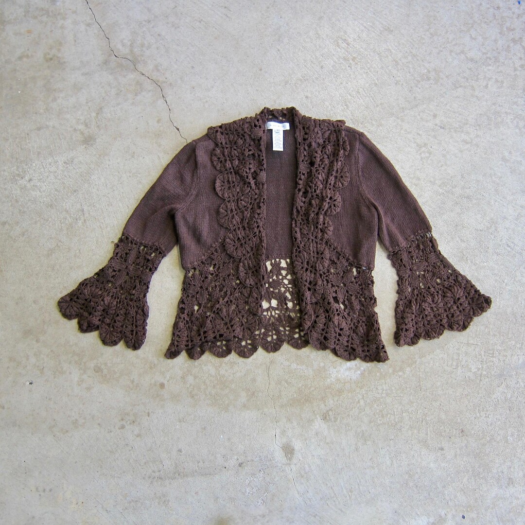 90s Chocolate Brown Crochet Cardigan Sweater - Etsy