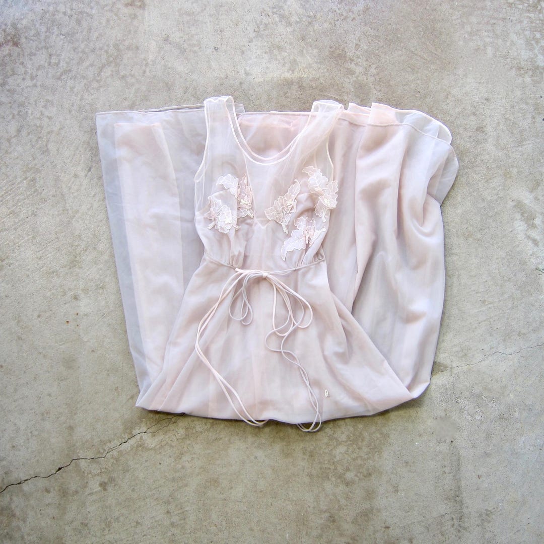 60s Gorgeous Long Floral Applique Slip Pink Slip Dress Womens Bedtime ...