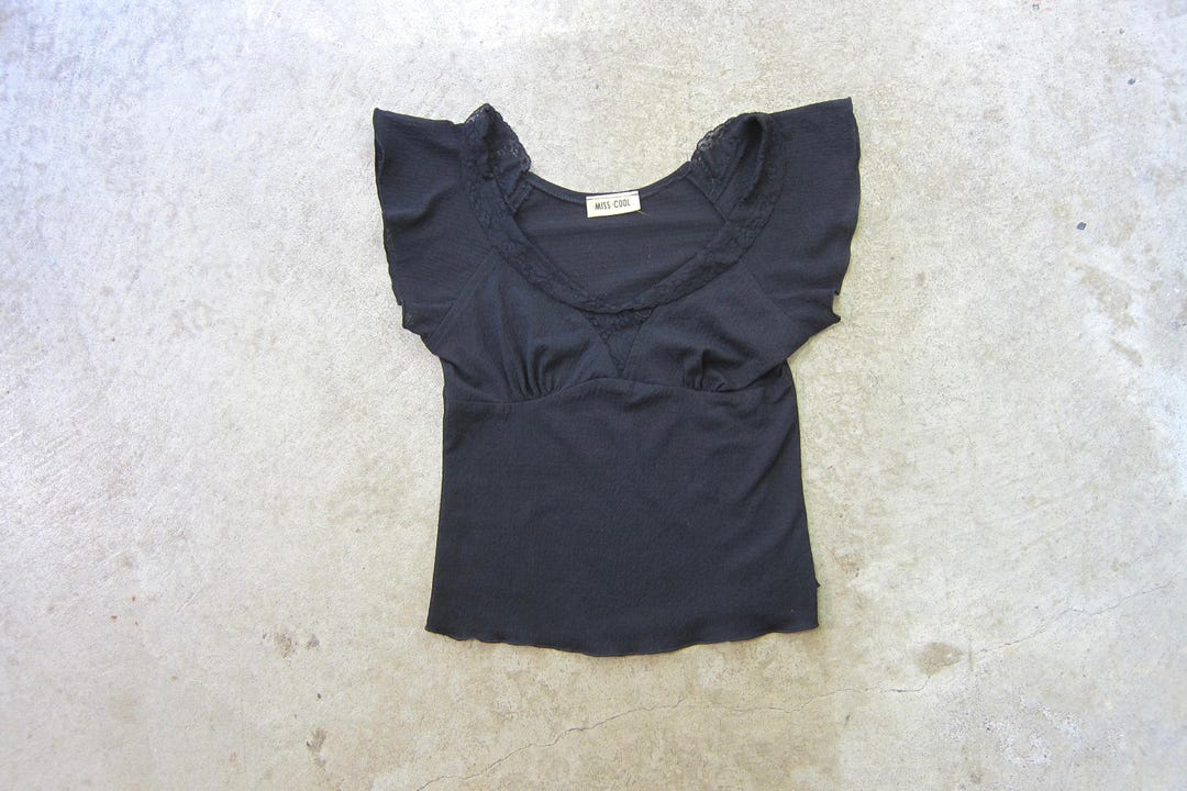 Vintage 80s MISS COOL Black Stretch Tee | Black Lace Slip Tee Top ...