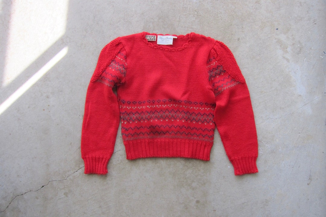70s Hand Knitted Red Wool Sweater | THINGS Brand Puff Shoulder Sweater ...