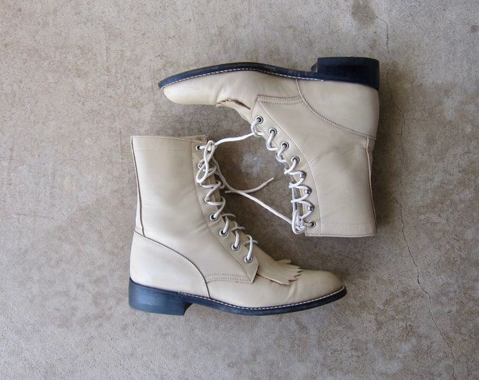 80s JUSTIN Leather Ropers Ecru White Lace up Boots Vintage - Etsy