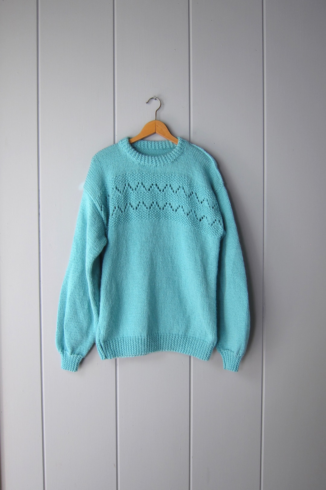 80s Hand Knit Blue Sweater Oversized Handwoven Chunky Crewneck Sweater ...