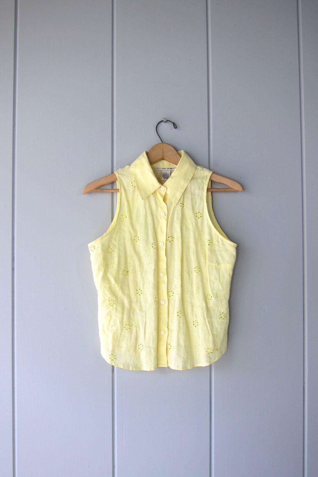 Light Yellow Linen Eyelet Top Sleeveless Linen Collared Tee ...