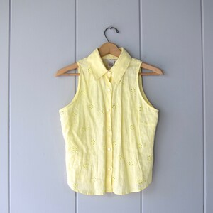 Light Yellow Linen Eyelet Top Sleeveless Linen Collared Tee ...