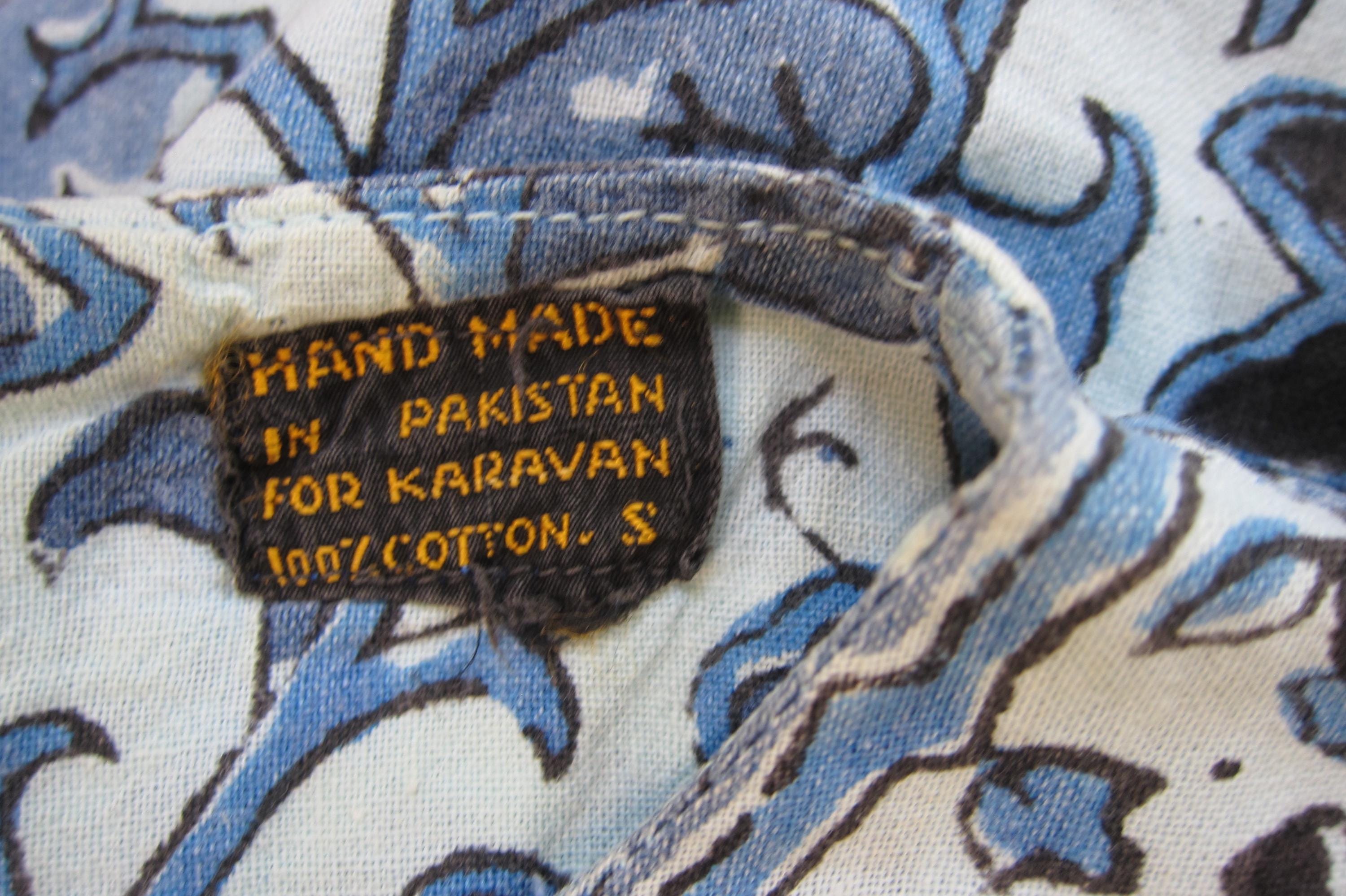 Vintage 70s Karavan Mini Dress: Blue Floral Block Print Cotton Sundress ...