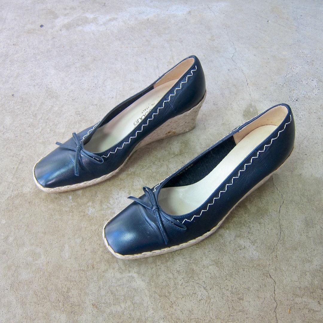 90s Leather Wicker Espadrilles Wedges - Etsy