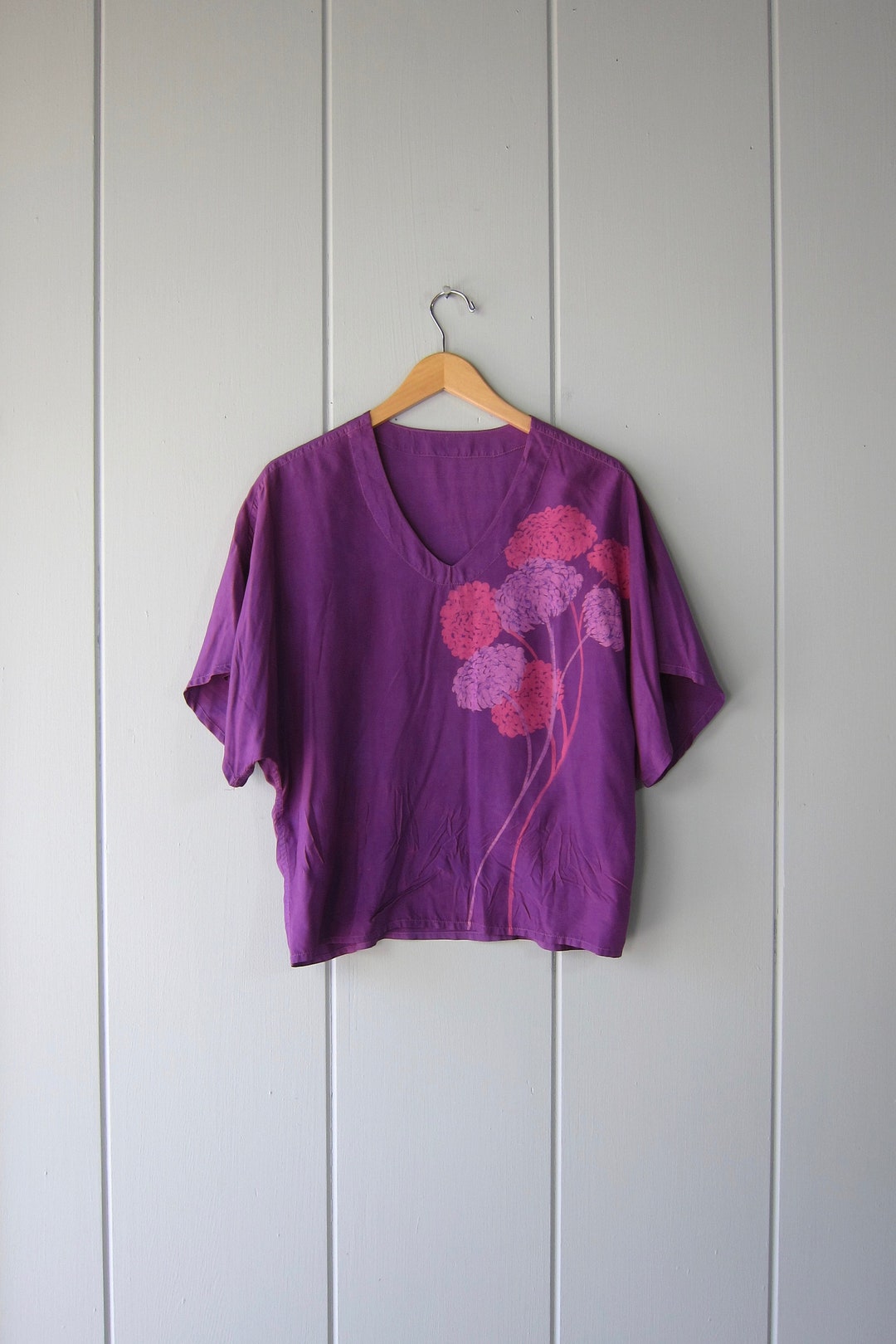 90s Purple Silk Top Loose Fit Summer Blouse Vintage Airy Beach Resort ...