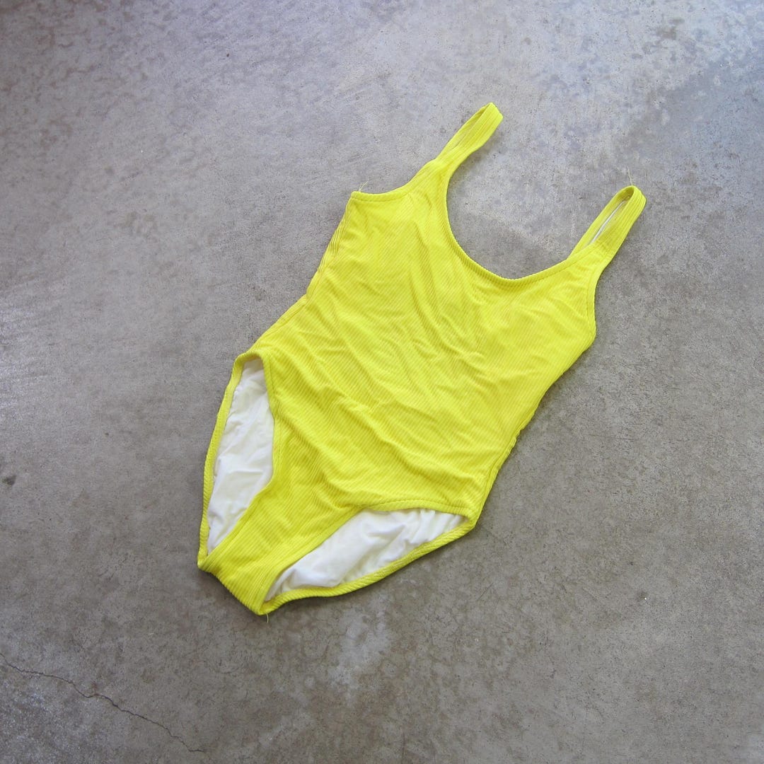 80s Yellow Ribbed One-piece Swimsuit – Backless Retro 1980s Bathing ...