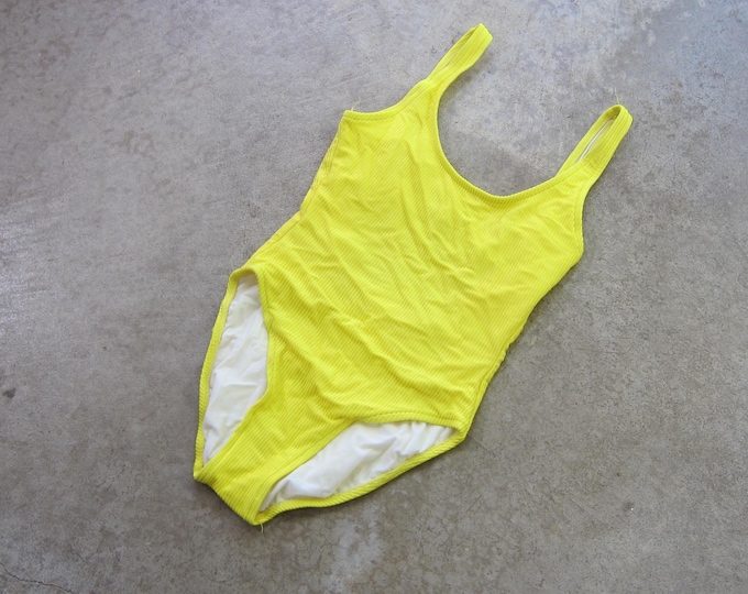 80s Yellow Ribbed One-piece Swimsuit – Backless Retro 1980s Bathing ...