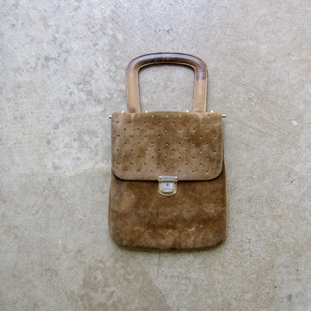 60s Brown SUEDE Leather Top Handle Purse | Vintage Retro Mod Metal Lock ...