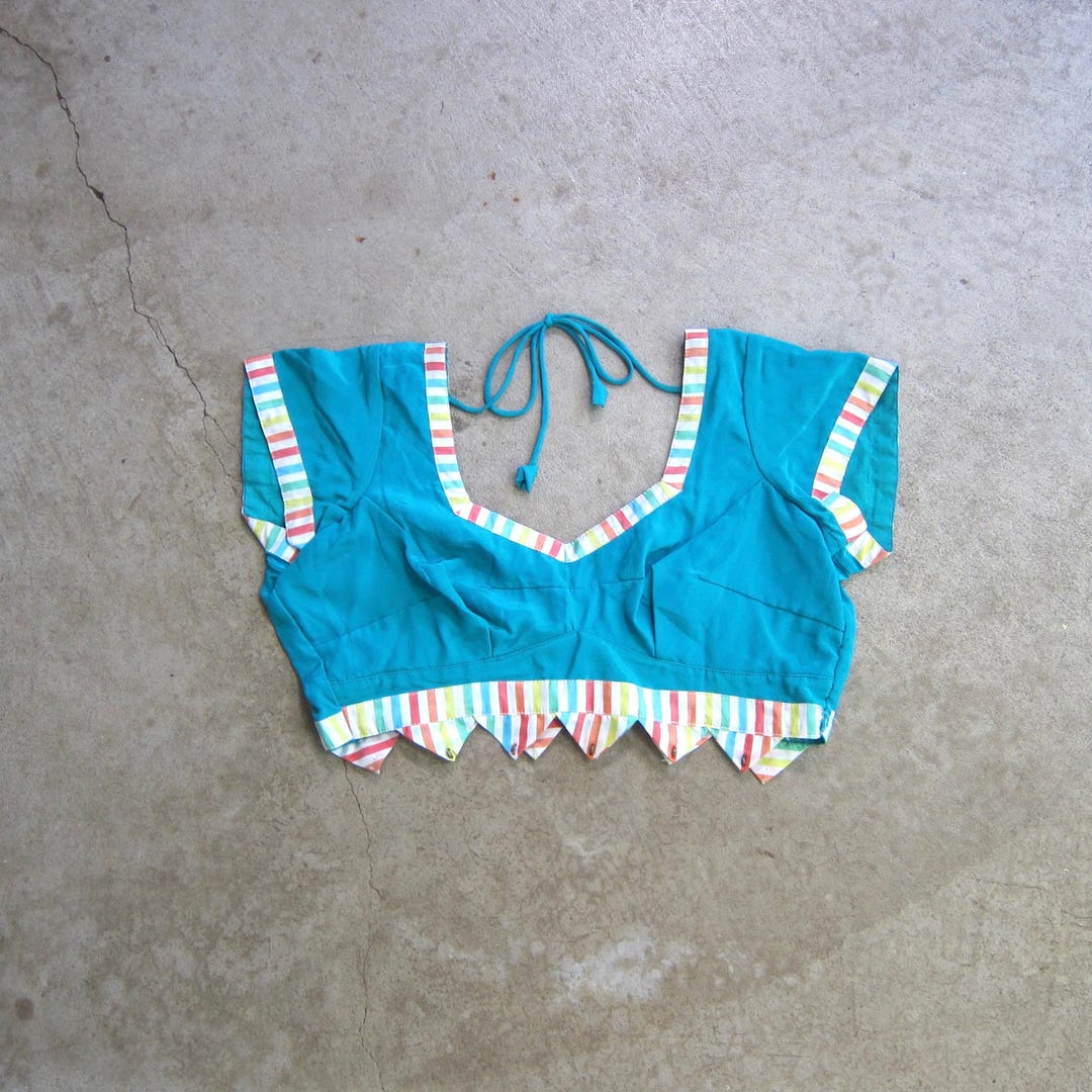 Turquoise Silk Cropped Bralette Top: Colorful Indian Sari, Eyelet ...
