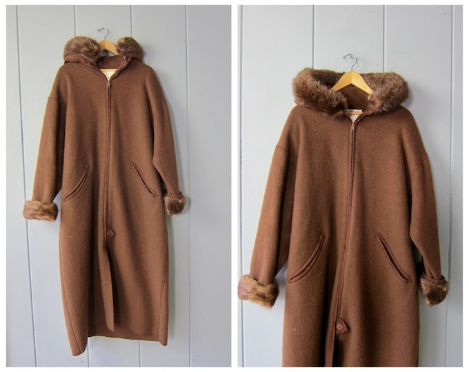 90s Long Brown Wool Duster Coat | Linda Lundstrom La Parka Fur Hood ...