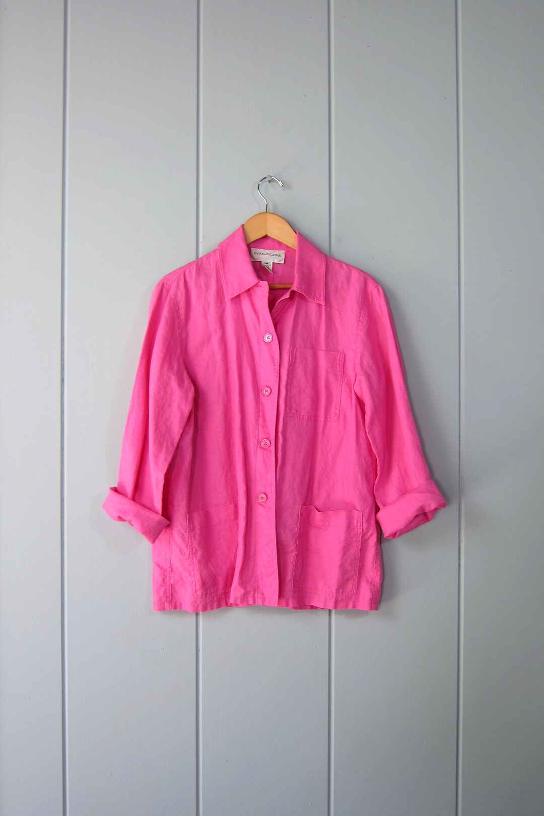 Modern Pink Linen Blouse Long Sleeve Linen Pocket Top Loose Fit Linen ...
